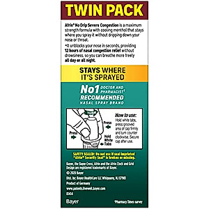 Afrin No Drip Severe Congestion Maximum Strength Nasal Spray - 12 Hour Nasal Spray Relief for Nose Congestion, Nasal Swelling, and Allergies - 2 x 0.5 Fl Oz Bottles - Pack of 1