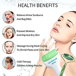 BFASU Facial Roller Set of 3, Ice Roller, Two-Sided Jade Roller and Gua Sha Massage Tool, Rolling Tool for Facial Beauty and Body Massage, Helps Reduce Puffy,Skin Care Gifts (Green)