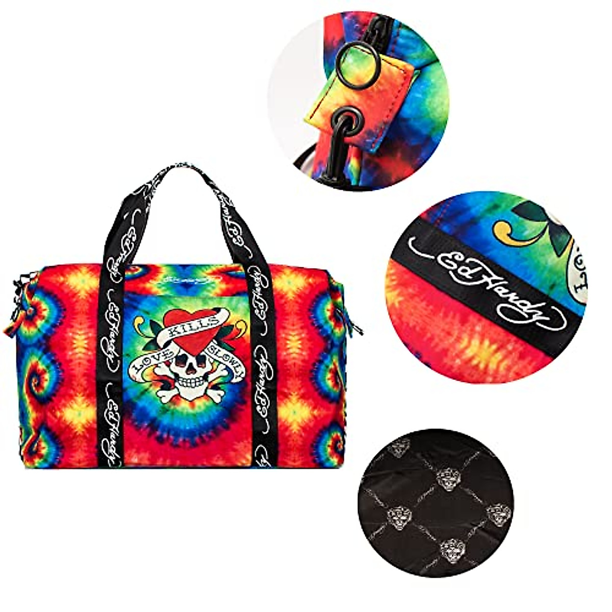 ED HARDY Unisex Black/Rainbow Skull Tatoo Print Nylon Duffle Bag With Adjustable Shoulder Strap