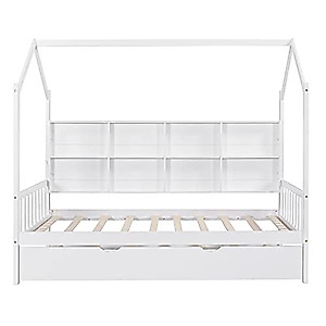 BIADNBZ Twin Size House Bed with Trundle,Wooden Kids Bedframe with Storage Shelf,Roof for Kids/Bedroom,No Box Spring Required,White