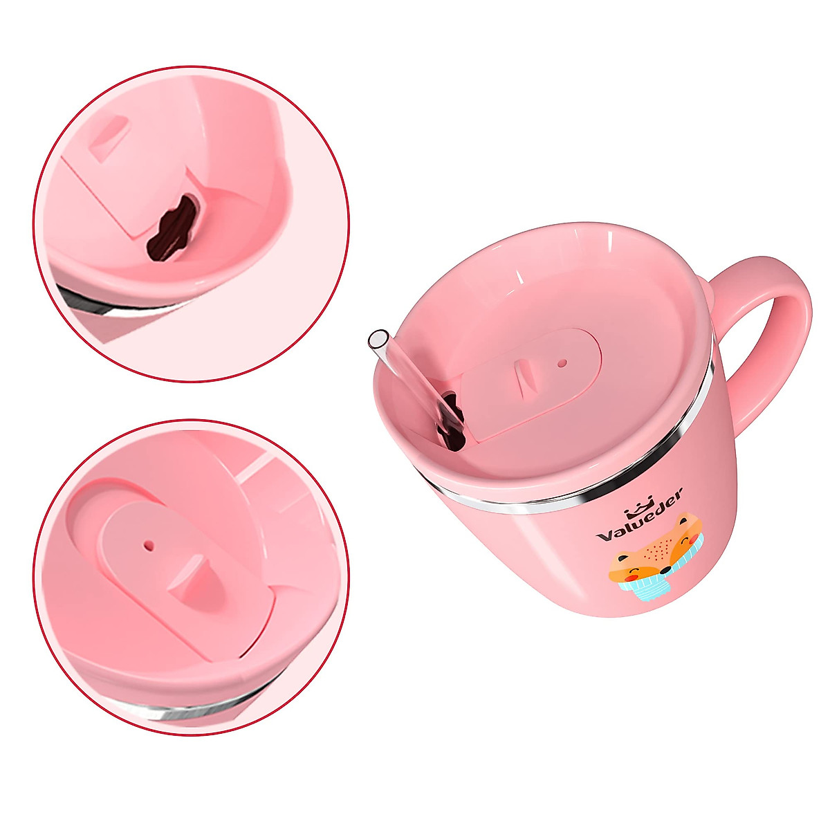 Valueder Baby Kids Toddler Sippy Cup Mug for Milk, Coffee, Stainless Steel Trainer Straw Cup with Lid, Fox, 7oz/Pink