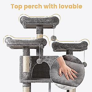 SHA CERLIN 68 Inches Multi-Level Large Cat Tree for Large Cats/Big Cat Tower with Cat Condo/Cozy Plush Cat Perches/Sisal Scratching Posts and Hammocks/Cat Activity Center Play House, Grey