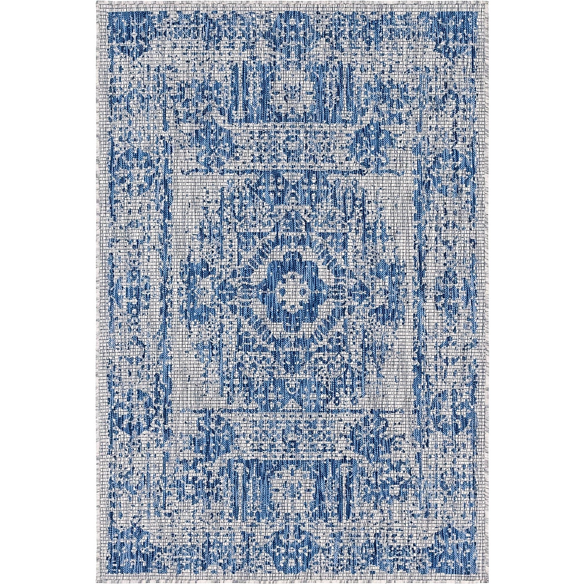 Rugs.com Outdoor Traditional Collection Rug – 4' x 6' Blue Flatweave Rug Perfect for Entryways, Kitchens, Breakfast Nooks, Accent Pieces