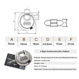 Stainless Steel Discus Padlock 4 Digit (3inch) Combination Lock Outdoor for Warehouse, Sheds, Storage Locker, Units (Silver,1)