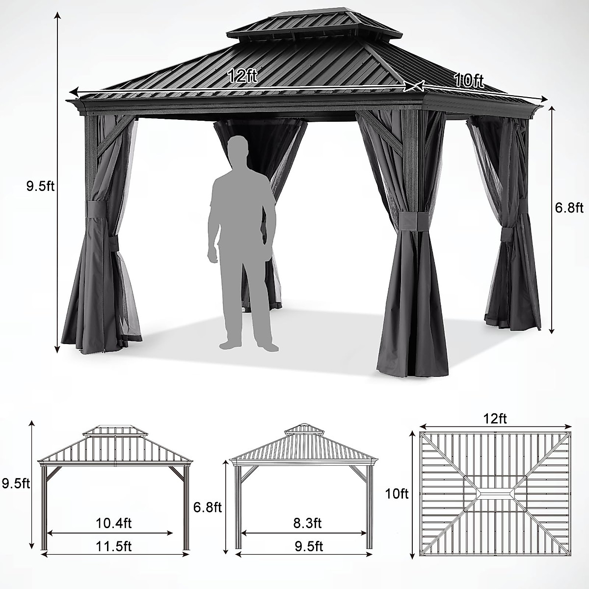 ABCCANOPY Hardtop Gazebo 10x12 - Outdoor Metal Hard Top Gazebo, Permanent Galvanized Steel Aluminum Framed Pavilion with Netting and Curtain for Patio Backyard Lawn Garden (Double Roof, Gray)