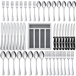 49-Piece Silverware Set with Flatware Drawer Organizer, HaWare Stainless Steel Cutlery Set with 8 Steak Knives, Modern Eating Utensils Tableware Service for 8, Mirror Polished, Dishwasher Safe