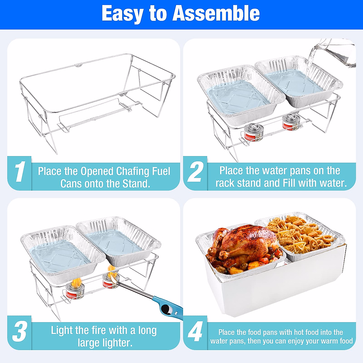 Restlrious Chafing Dish Buffet Set Disposable 4 Pack Full Size Aluminum Buffet Serving Kit, Chafer Stand Kit for Food Warmer in 36 Pieces w/Food Pan Water Pan & Utensils, for Parties Events BBQ