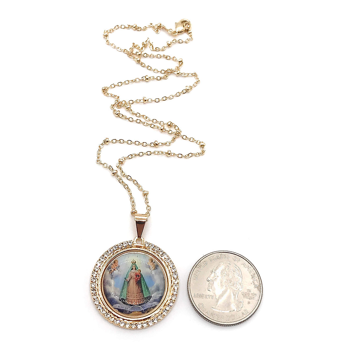 LESLIE BOULES Virgin Caridad del Cobre Pendant Necklace 18K Gold Plated Chain Religious Jewelry