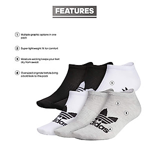 adidas Originals Men's Classic Trefoil Superlite No Show Socks (6-Pair), Heather Grey/White/Black, Large