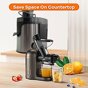 Mecity Small Masticating Juicer Electirc Slow Juicer with Reverse Function for Home, Easy to Clean Juicer Extractor with Travel Bottle, Self-Feeding Juice Maker for Vegetable and Fruit