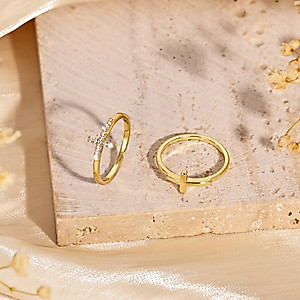 Foxgirl Cross Gold Rings for Women, Dainty Trendy Stackable Ring Set 14k Gold Plated Thin Cz Cross Finger Rings for Women Non Tarnish Simple Statement Rings Wedding Bands Gold Jewelry Size 5-10