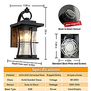 EERU Dusk to Dawn Outdoor Wall Lantern Exterior Light Fixtures Wall Mount Porch Light with Photocell Sensor Waterproof Outside Wall Lights for House, Patio, Garage, Black with Seeded Glass