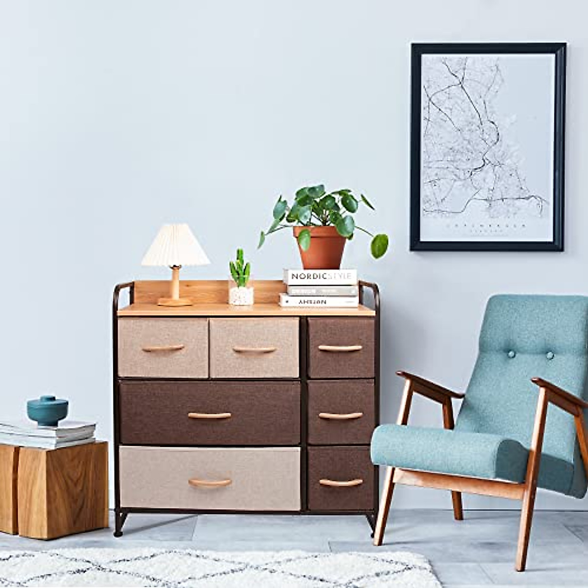 CONNOO Fabic 7 Drawer Dresser Storage Tower, Large Capacity Vertical Organizer Unit for Bedroom, Hallway, Entryway, Closet, Nursery, Sturdy Steel Frame, Wooden Top & Handle, Easy Pull Fabric Bins