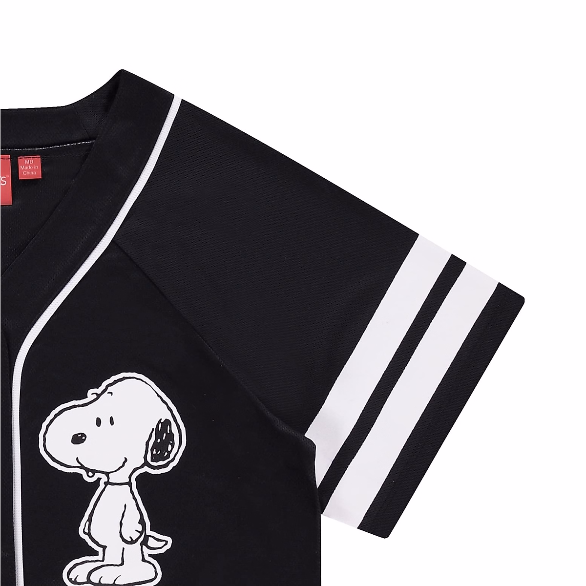 Peanuts Ladies Snoopy Baseball Jersey Snoopy Charlie Brown, Woodstock, Linus Mesh Button Down Baseball Jersey (Black, Large)