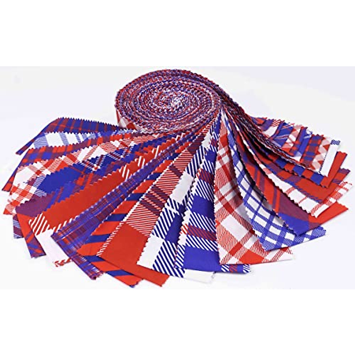 Soimoi 40Pcs Check & Tartan Print Cotton Precut Fabrics for Quilting Craft Strips 2.5x42inches Jelly Roll - Red, Blue & White