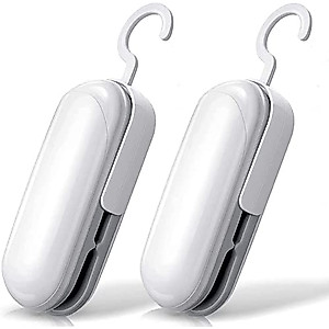 Mini Bag Sealer, Portable Sealing Bags Machine, Handheld Heat Food Vacuum Sealer Machine with Cutter and Hook for Snack, Plastic Bags, Storage, Potato Chip Cookie Bags (White-2pc)