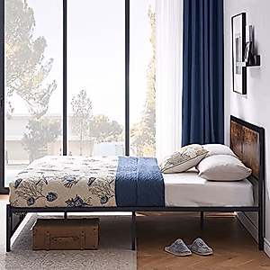 VECELO Full Platform Bed Frame with Rustic Vintage Wood Headboard, Mattress Foundation, Strong Metal Slats Support, No Box Spring Needed