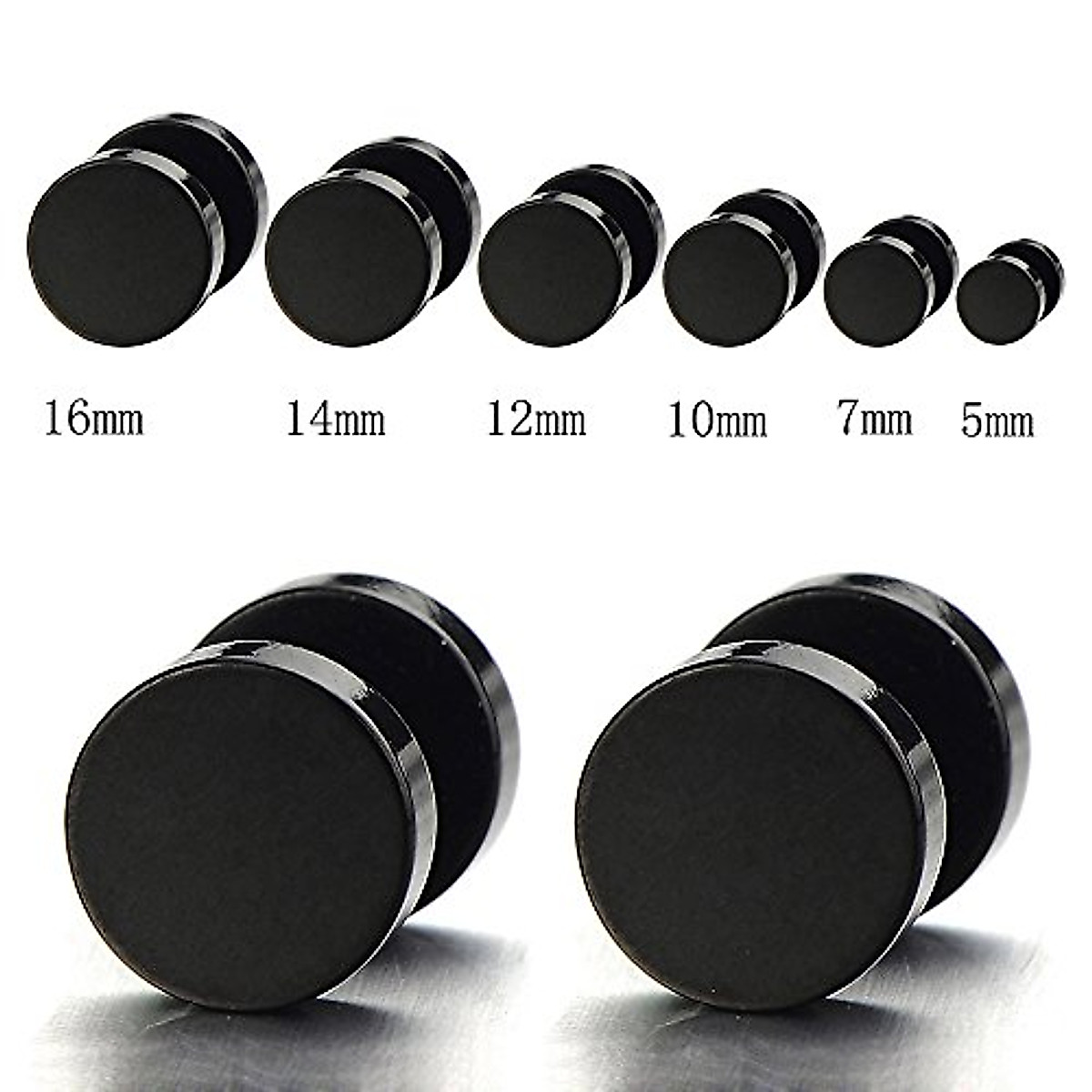 10MM Black Screw Stud Earrings for Mens Women Steel Cheater Fake Ear Plugs Gauges Illusion Tunnel