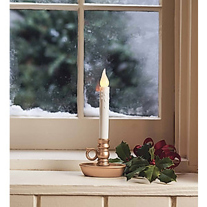 Plow & Hearth Set of 4 AA Battery Operated Window LED Candle Lamps | Auto Timer | Long Lasting Bulbs Never Need Replacing | Holiday Lights | Antique Gold Base | 9 1/2 H