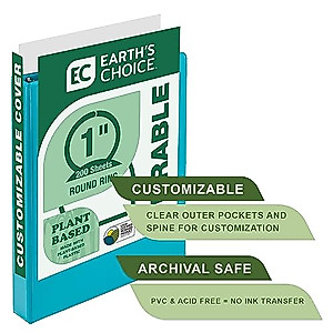 Samsill Earth’s Choice Biobased Durable Fashion Color 3 Ring View Binder, 1 Inch Round Ring, Up to 25% Plant Based Plastic, USDA Certified Biobased, Turquoise, Value Two Pack