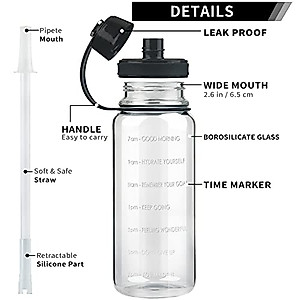 Ferexer Large 48 oz Glass Water Bottle with Straw & Time Marker, Reusable Motivational Borosilicate Water Bottle with Neoprene Sleeve BPA Free