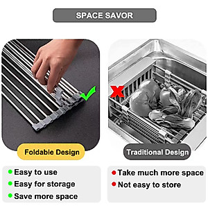 HIGEEK Roll Up Dish Drying Rack Over The Sink Dish Rack Kitchen Rolling Dish Drainer Over Sink, Foldable Sink Rack Mat Stainless Steel Wire Dish Drying Rack for Kitchen Sink Counter (17.5''x11.8'')