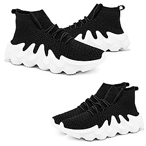 ALLY UNION MAKE FORCE Mens Sock Shoes Black Sneakers for Men Wide lace up Tennis Memory Foam Black Size 7,High/Black&White 7
