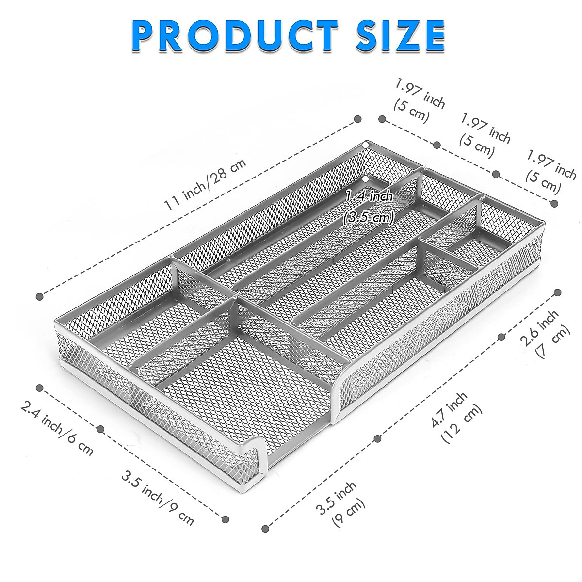 EsOfficce Drawer Organizer,Desk Organizer, Black Metal Mesh Drawer, Desk Drawer Organizer for Home Office and School,11X 6X 1.6Inch, Inch,Silver