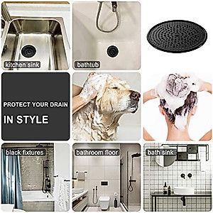 304 Stainless Steel Hair Catcher Shower Drain Cover with Silicone, Shower Stall Drain Strainer, Bathtub Hair Stopper, Bathroom Hair Trap Floor Drain Protector, Matte Black 4.33 Inches Round Flat