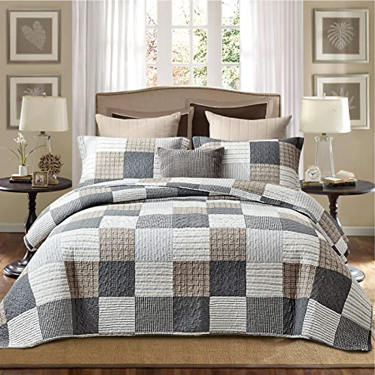 PANGUSHAN Twin Size Quilt Set,100% Cotton Quilt,Patchwork Plaid Quilt Bedding Set Bedspreads,Gray(Grey)/Black/Tan/White/Cream Quilt for Twin Bed,Reversible Lightweight Comforter Bed Set,2 Pieces