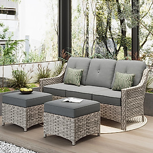 ovios 3 Piece Outdoor Patio Furniture with 3 Seat Sofa & Ottoman,Rattan Wicker Coversation Set with High Back,Sectional Sofa for Outside Porch Balcony Backyard Pool,Dark Grey