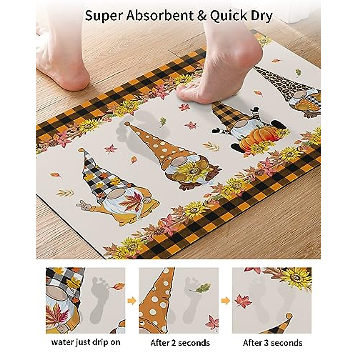 Bathroom Floor Shower Mat, Non-Slip Small Rugs - Easy to Clean, Happy Thanksgiving Day Dwarf Gnome with Pumpkin Sunflower Durable Bath Rug 18"x30" Washable Quick Dry Mats for Bathtubs