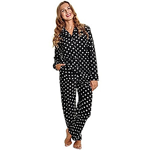 Angelina Women's Pajama Set Cozy Fleece with Notch Collar and Pockets | PJ56_S | Black with White Dots