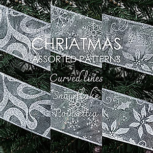 Vitalizart Christmas Ribbon Sliver Wired Organza Sheer Ribbon 2.5 Inch x 10 Yards Glitter Snowflake for Tree Decoration Gift Wrapping Crafts Wreath Topper Bow Wedding Invitations Bridal Bouquets