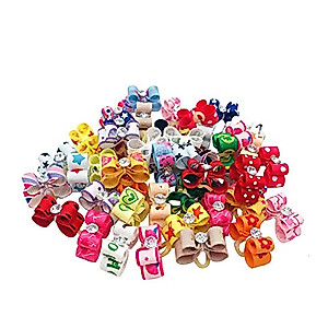 PET SHOW 0.98inch*0.39inch Tiny Small Dogs Hair Bows with Rubber Bands Ribbon Rhinestone Dog Puppy Grooming Topknot Hair Accessories Assorted Color Pack of 20