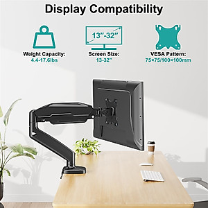 MOUNT PRO Single Monitor Desk Mount - Articulating Gas Spring Monitor Arm, Removable VESA Mount Desk Stand with Clamp and Grommet Base - Fits 13 to 32 Inch LCD Computer Monitors, VESA 75x75, 100x100