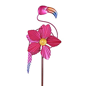 MorTime Flamingo Wind Spinner Garden Stake, 40 Inch Metal Pink Flower Flamingo Windmill Outdoor Decorative Flamingo Wind Sculpture for Spring Yard Lawn Pathway Decorations