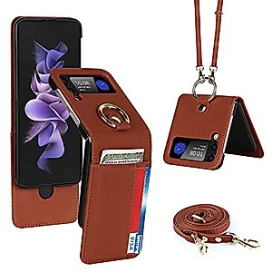 SailorTech Crossbody Case for Samsung Galaxy Z Flip 4 5G with Ring, Ultra Slim PU Leather Back Cover Wallet Cases with 4 Card Slots Lanyard Red