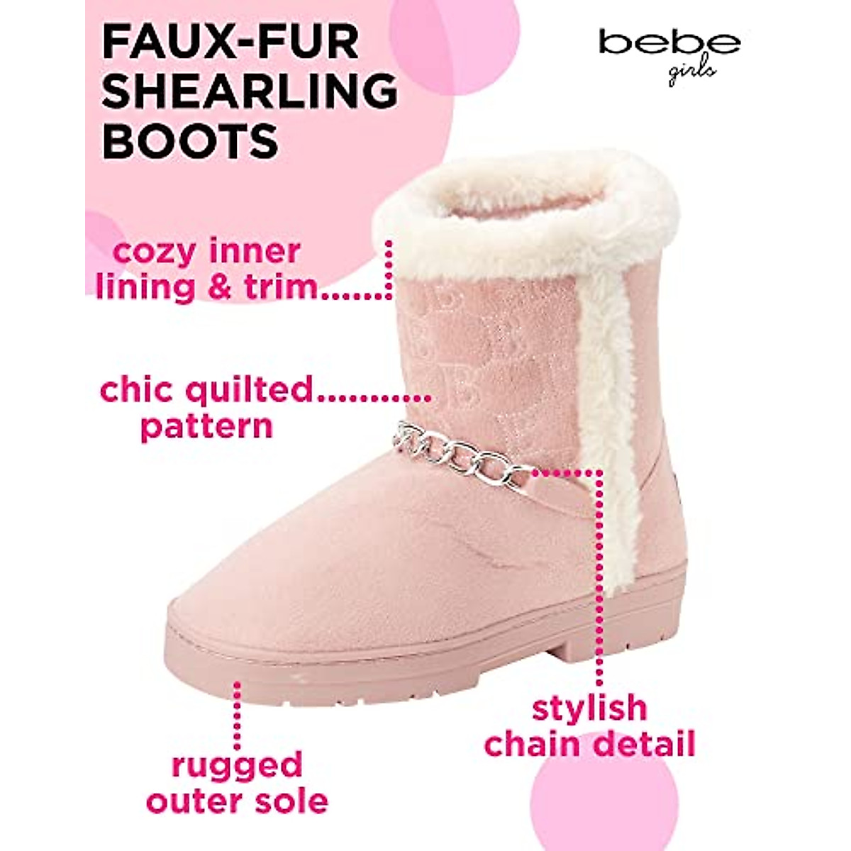 bebe Girls' Winter Boots - Quilted Faux-Fur Shearling Boots (Little Girl/Big Girl), Size 2 Little Kid, Blush