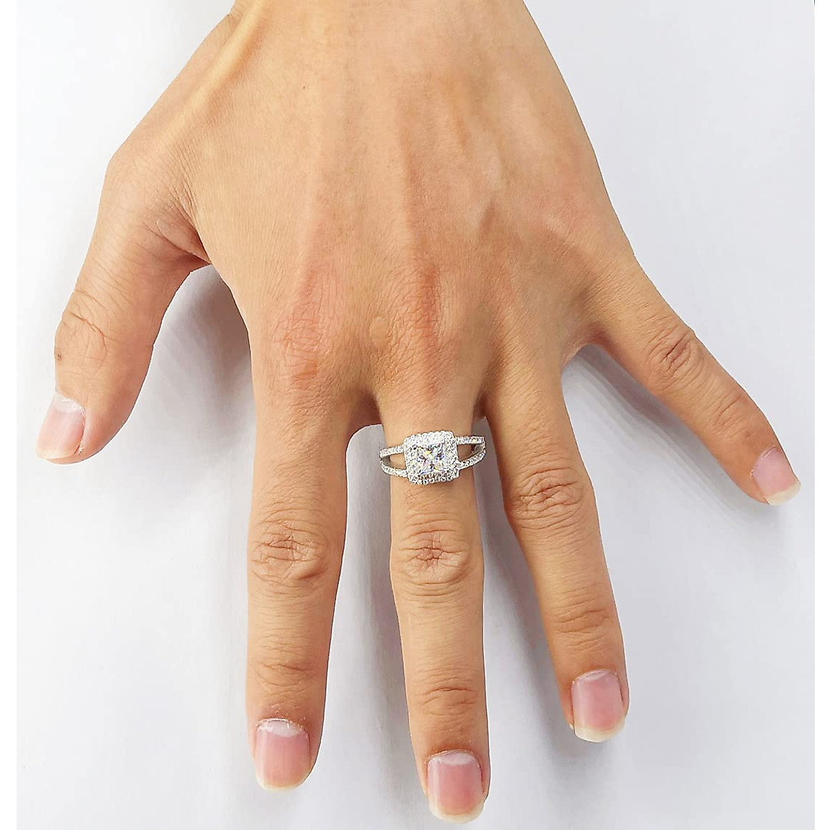 ZLAEBL 1.48 Carat Sterling Silver Split Shank Double Row Princess And Halo Pave Set Princess Cut Moissanite Engagement Ring Diamond Rings (1 Carat Center Stone),7