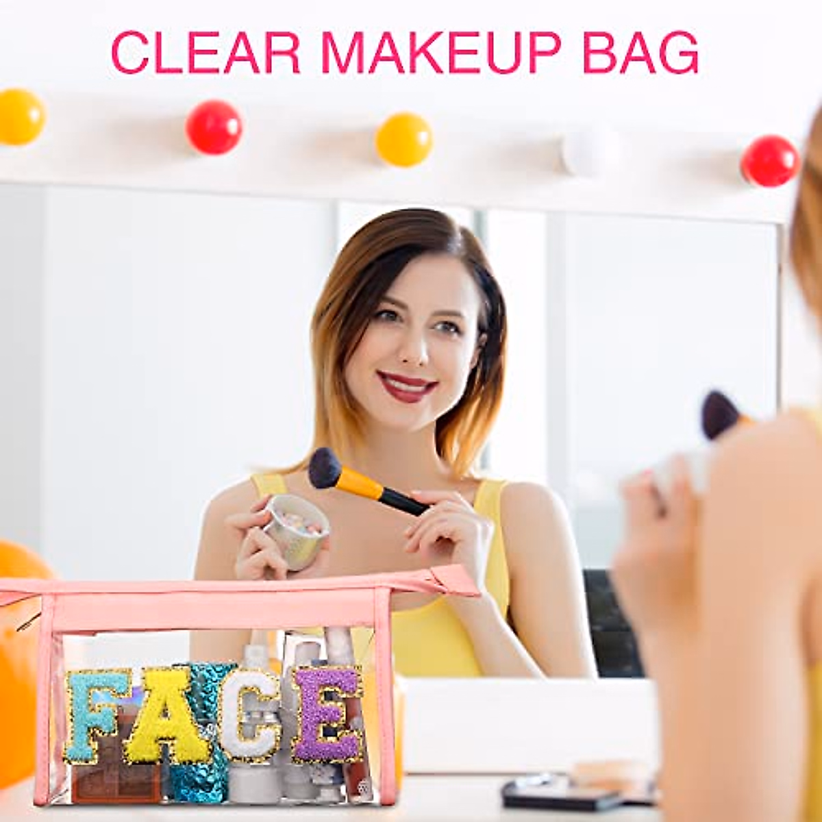 6 Pcs Clear Preppy Patch Makeup Bag Nylon Cosmetic Bag PVC Zipper Varsity Letter Toiletry Bag Multipurpose Makeup Bag for Purse Skin Care Bag Travel Pouches for Toiletry Preppy Organizer (Cute Color)