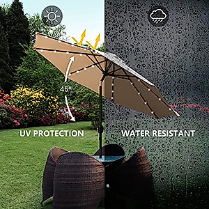 Sun-Ray 811001 9' Round 8-Rib Solar Lighted Patio Umbrella, 32 LED Lights, Push Button Tilt and Crank, Steel Frame, Taupe