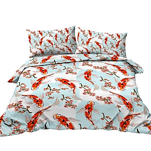 BlessLiving Koi Fish Duvet Cover Set Tropical Japanese Garden Floral Oriental Style Decorative 3 Piece Bedding Sets with 2 Pillow Shams, Full Size