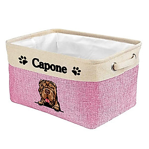 MALIHONG Personalized Foldable Storage Basket with Cute Dog Shar Pei Collapsible Sturdy Fabric Pet Toys Storage Bin Cube with Handles for Organizing Shelf Home Closet, Pink and White