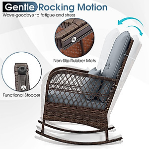 Tangkula 3 Piece Patio Rocker Set, Patiojoy Outdoor Wicker Rocking Chairs w/Double-Layer Coffee Table, Rattan Rocker Chair Set w/Seat Back Cushions & Pillows, for Porch, Backyard, Poolside (Grey)