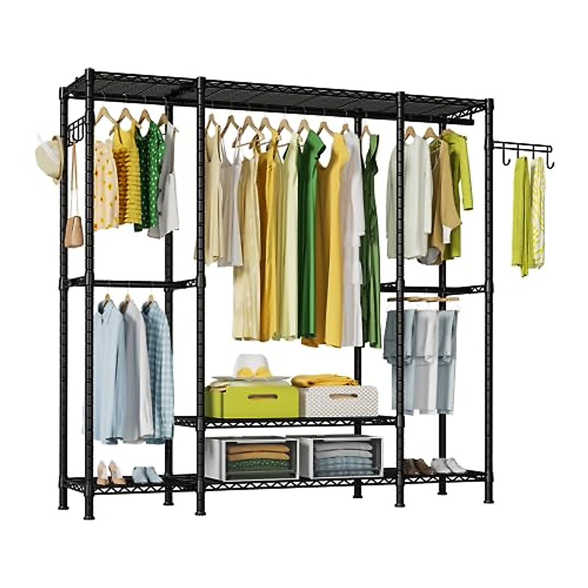 Ulif E3 Heavy Duty Garment Rack, 4 Tiers Freestanding Closet Organizer System with 5 Shelves, Metal Closet Organizer and Storage System for Clothes, Max Load 650lbs, 57.1"W x 14.5"D x 77.3"H, Black