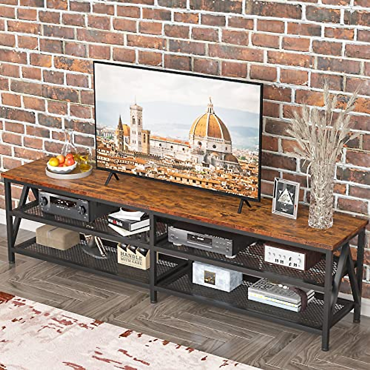 Furologee TV Stand for 65 70 inch TV, Long 63" TV Media Console Table, Industrial Entertainment Center with 3-Tier Storage Shelves for Living Room, Bedroom, Rustic Brown