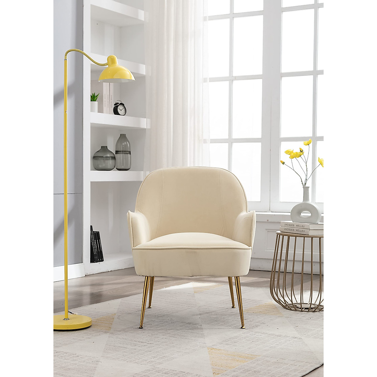 Bellemave Velvet Accent Chair,Modern Upholstered Leisure Arm Chair with Gold Metal Legs,Thickly Padded,Guest Chair Vanity Chair Club Chairs for Living Room Bedroom Office（Cream White）, W52752188