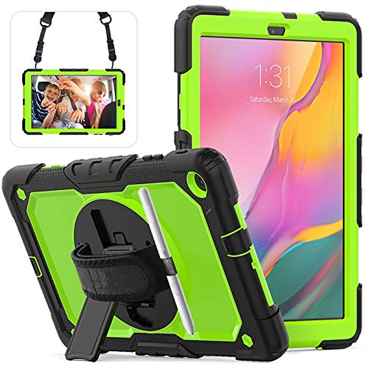 Herize SM-T510 Galaxy Tab A 10.1 Inch Case with Strap, Shockproof Rugged Case with Built-in Kickstand, 3 Layers Heavy Duty Protection, Green