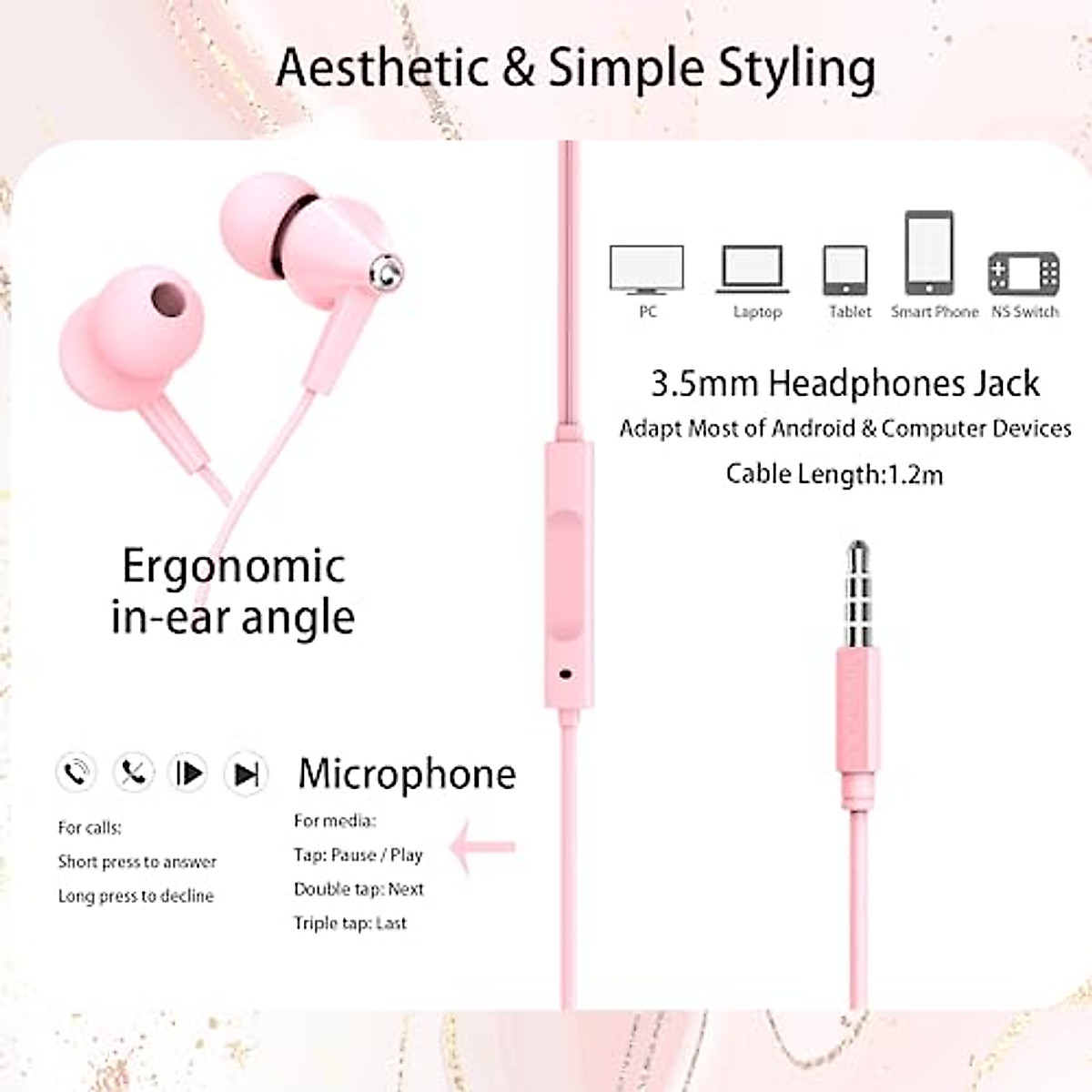 GOGOSINIS Aesthetic Earbuds Set with case for Kids for School, Wired Headphones with case and Small Size Ear Tips, Ear Buds with Cute case, 3.5mm Earphones for Smartphone and PC Laptop.(Pink-Purple)